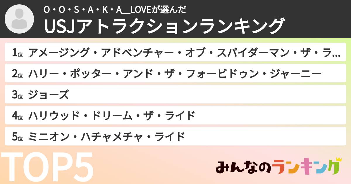 O・O・S・A・K・A_LOVEさんの「USJアトラクションランキング」 | みんなのランキング