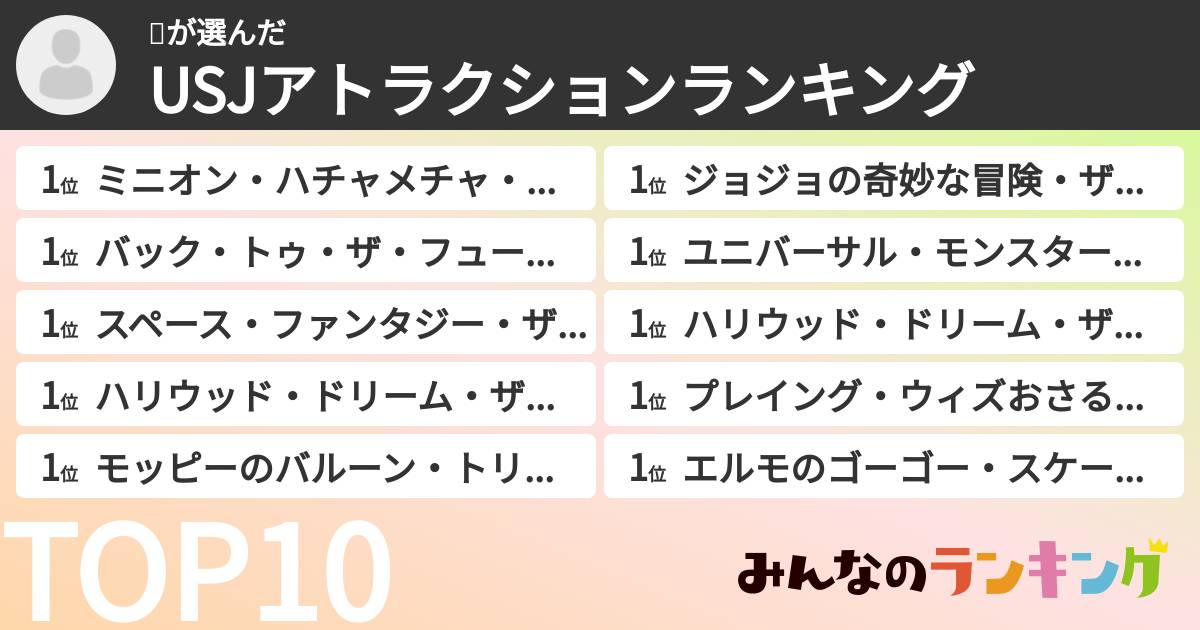😎さんの「USJアトラクションランキング」 | みんなのランキング